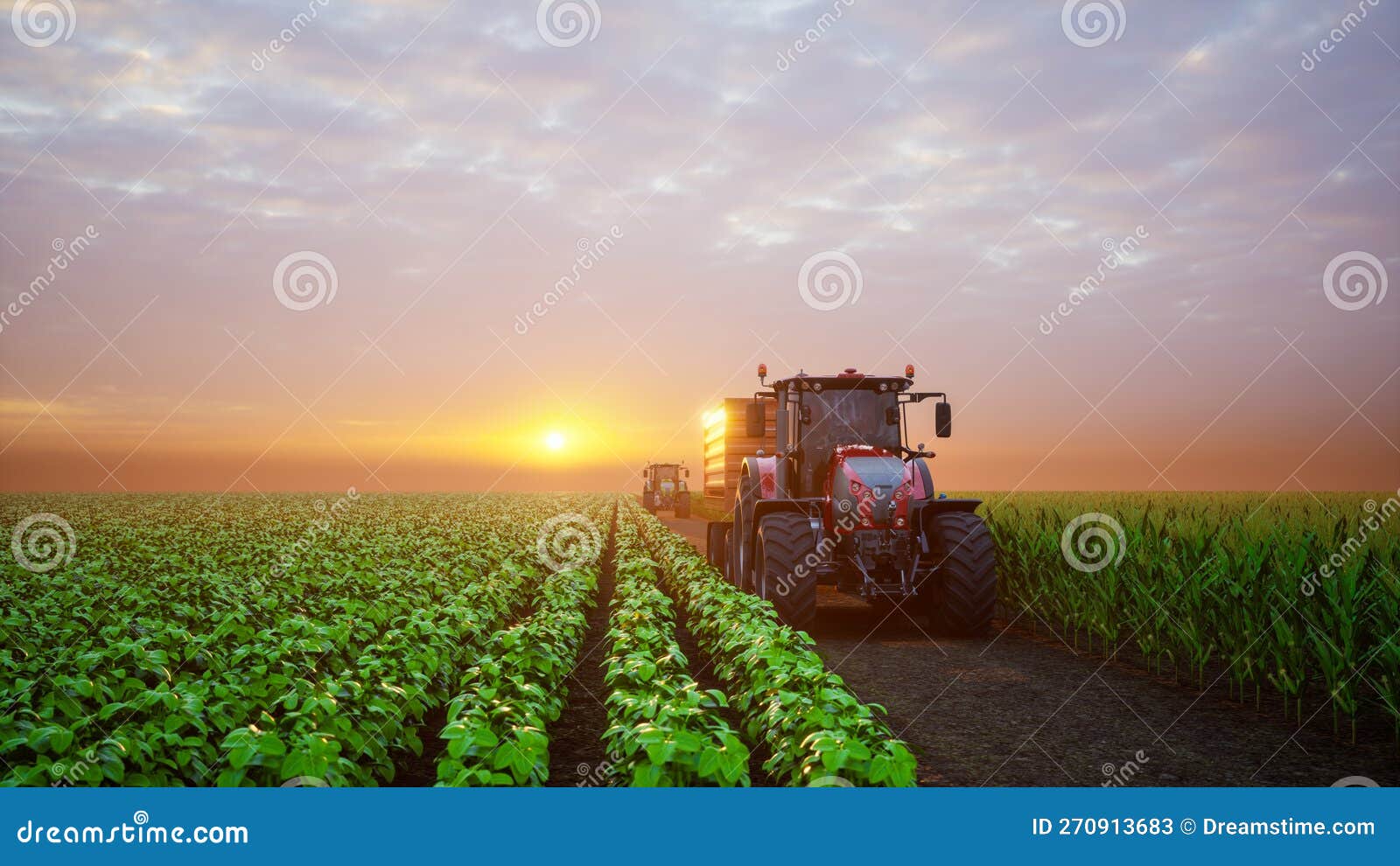 Tractor Working in Agricultural Plots at Sunset. 3d Render Stock ...