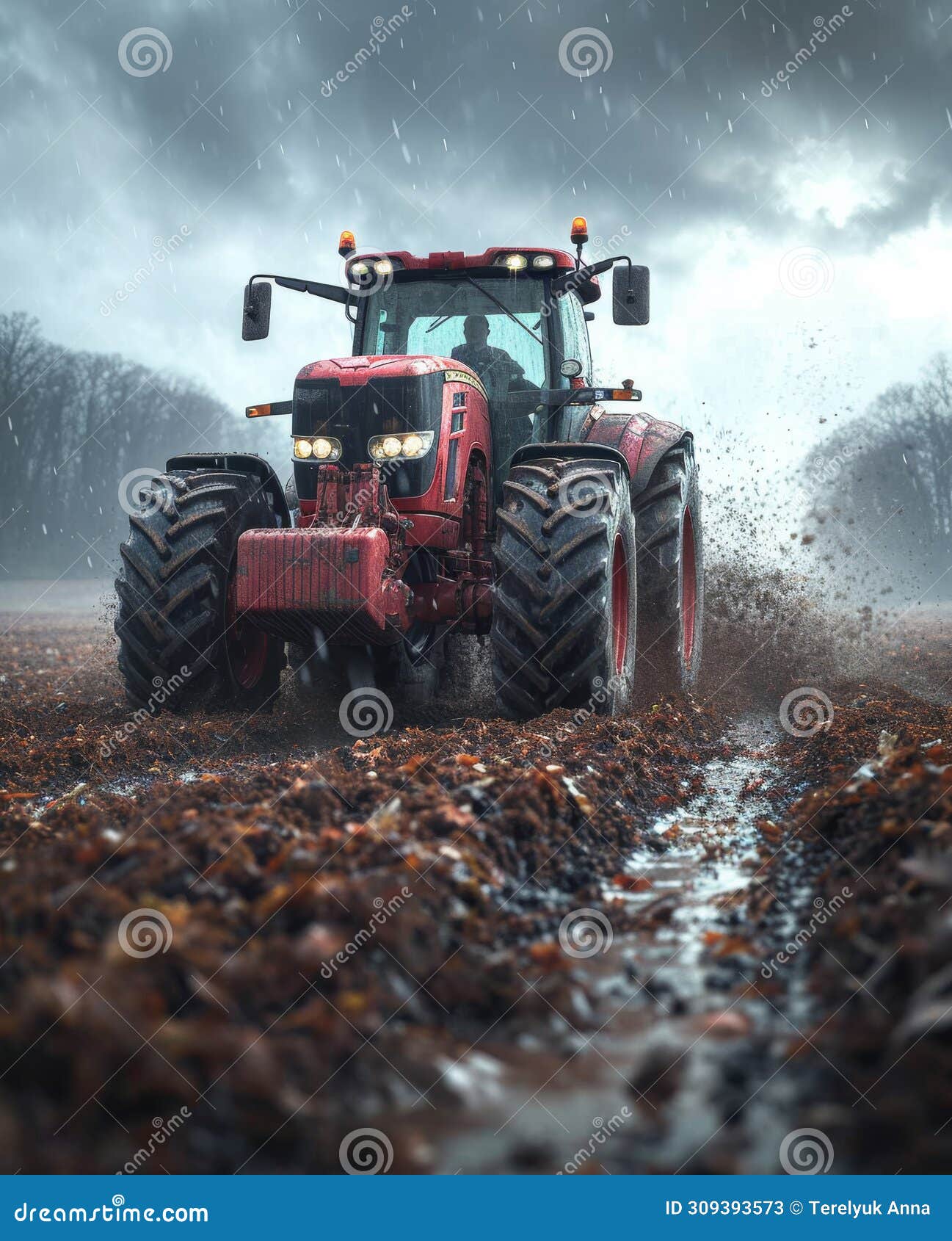Tractor Working in the Field in Rain Storm. Stock Image - Image of ...