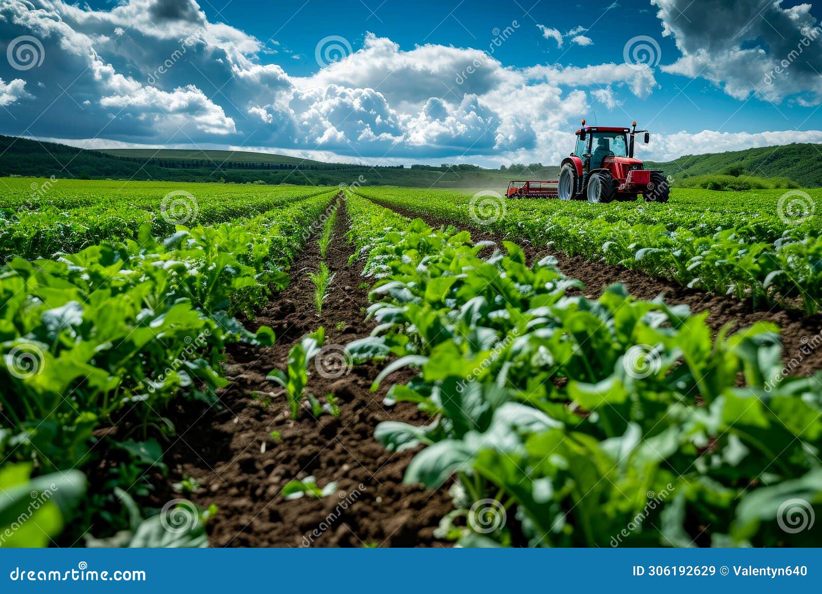 Tractor is Working in Large Open Field with Rows of Plants. Generative ...