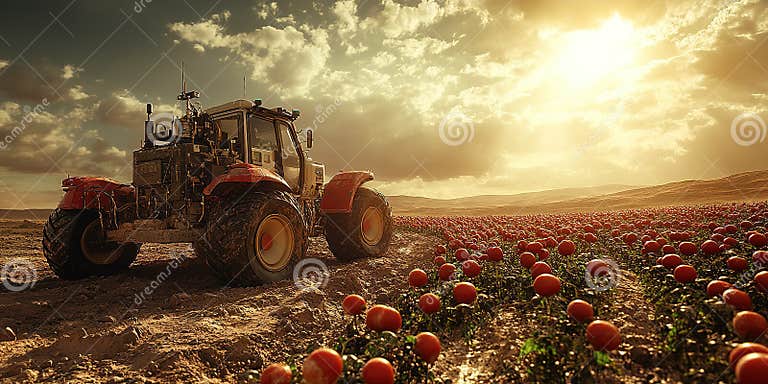 Tractor Working in Tomato Field at Sunset with Dramatic Clouds in the ...