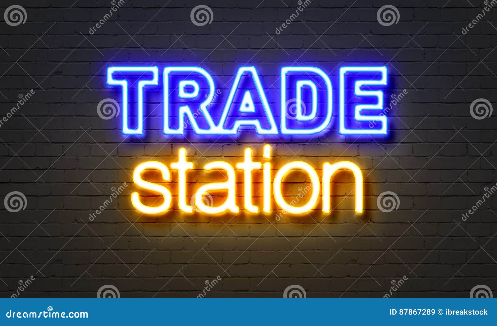 Trade Station Neon Sign on Brick Wall Background. Stock Illustration ...