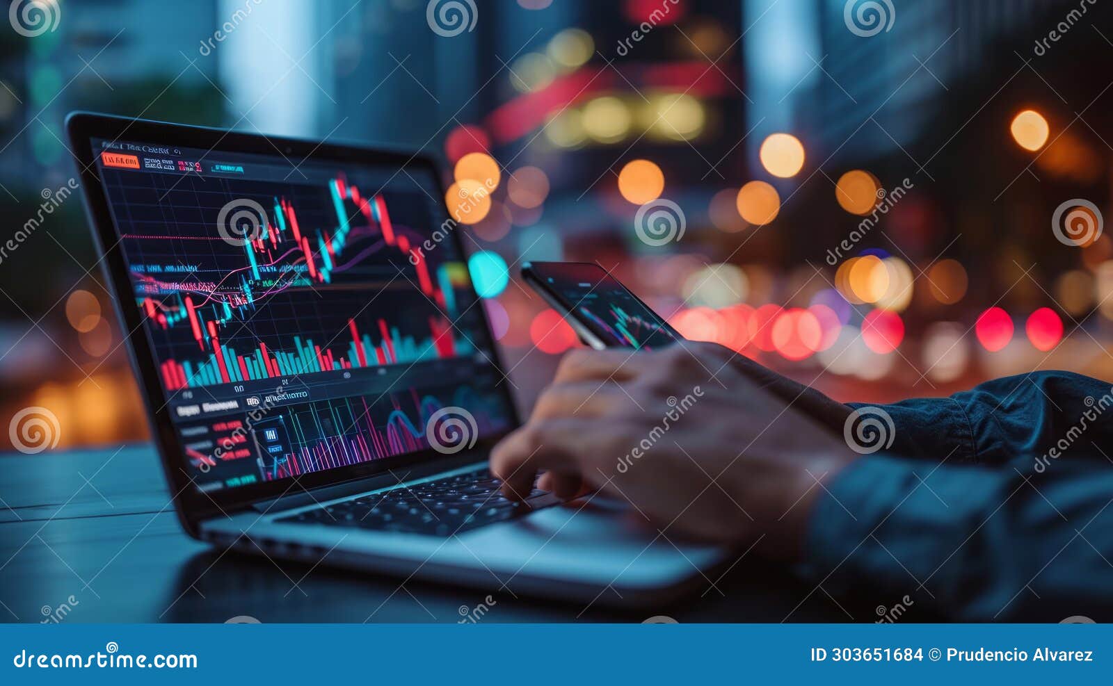Trader Hand with Mobile Phone and Computer Screens Stock Illustration ...
