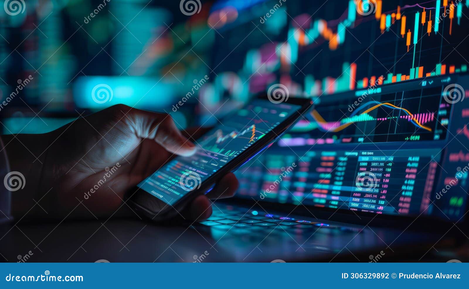 Trader Hand with Mobile Phone and Computer Screens Stock Illustration ...