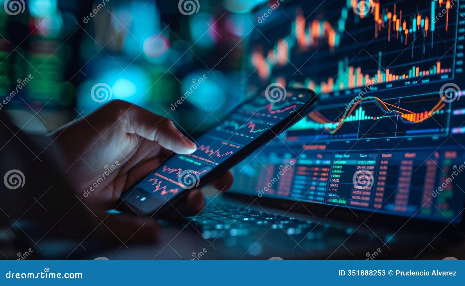 Trader Hand with Mobile Phone and Computer Screens with Trading Stock ...