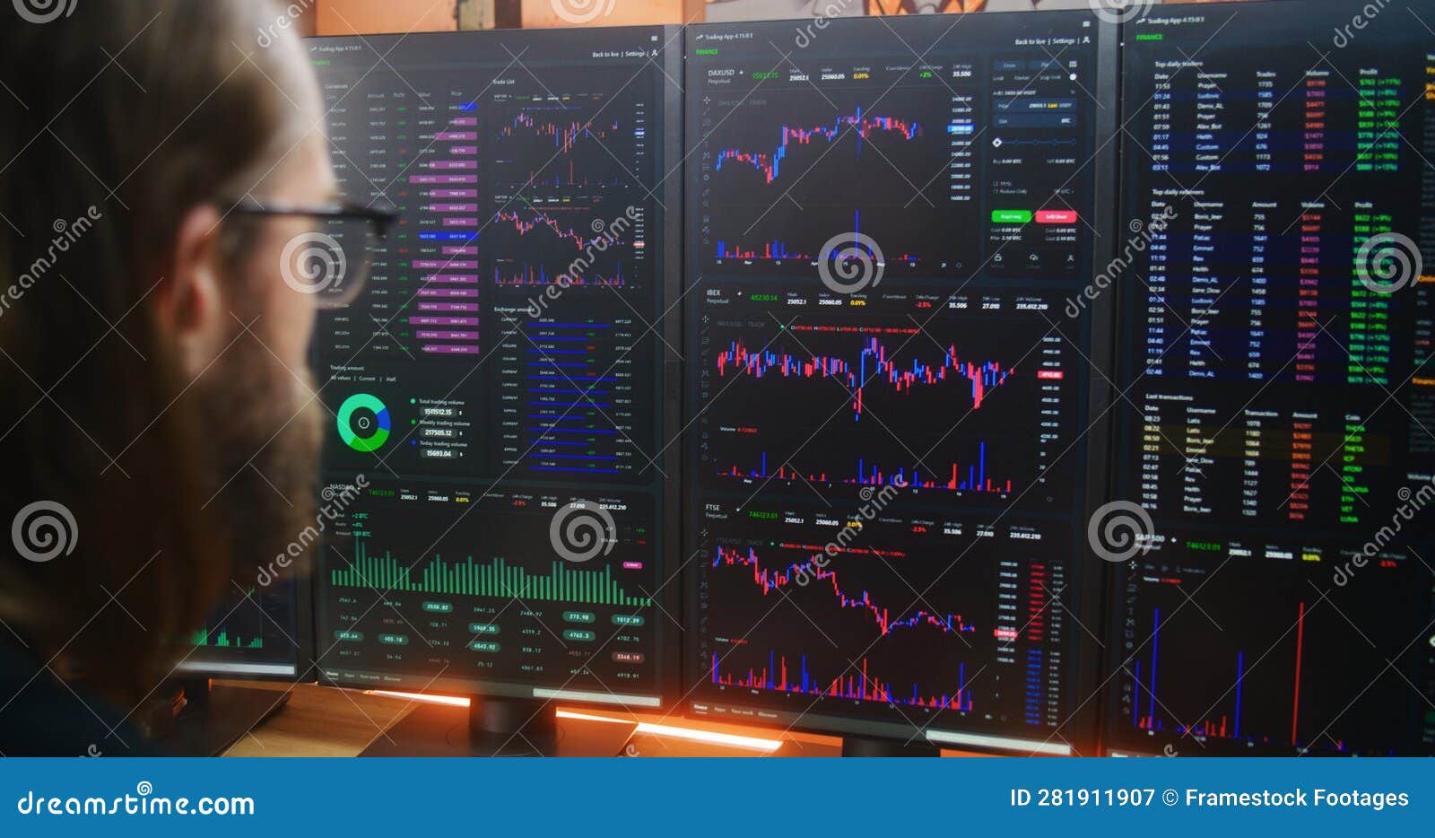 Trader Looks at Computer Screen, Works Remotely at Home Office Stock ...