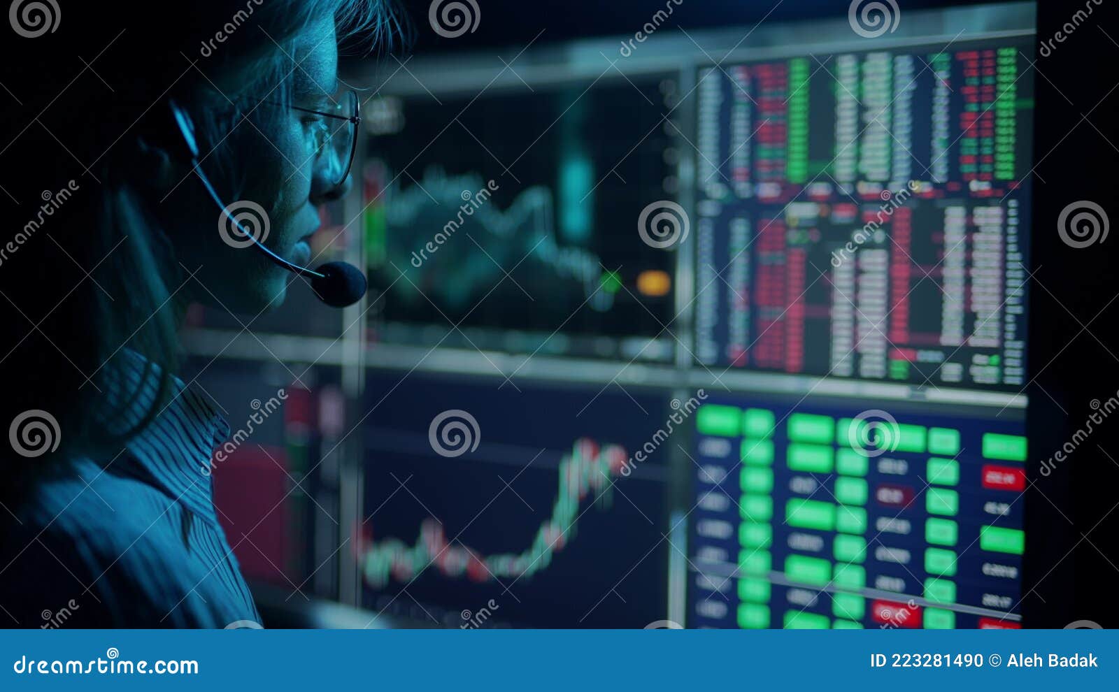 Trader is Working with Multiple Computer Screens with Charts and Data Analysis and Stock Broker ...