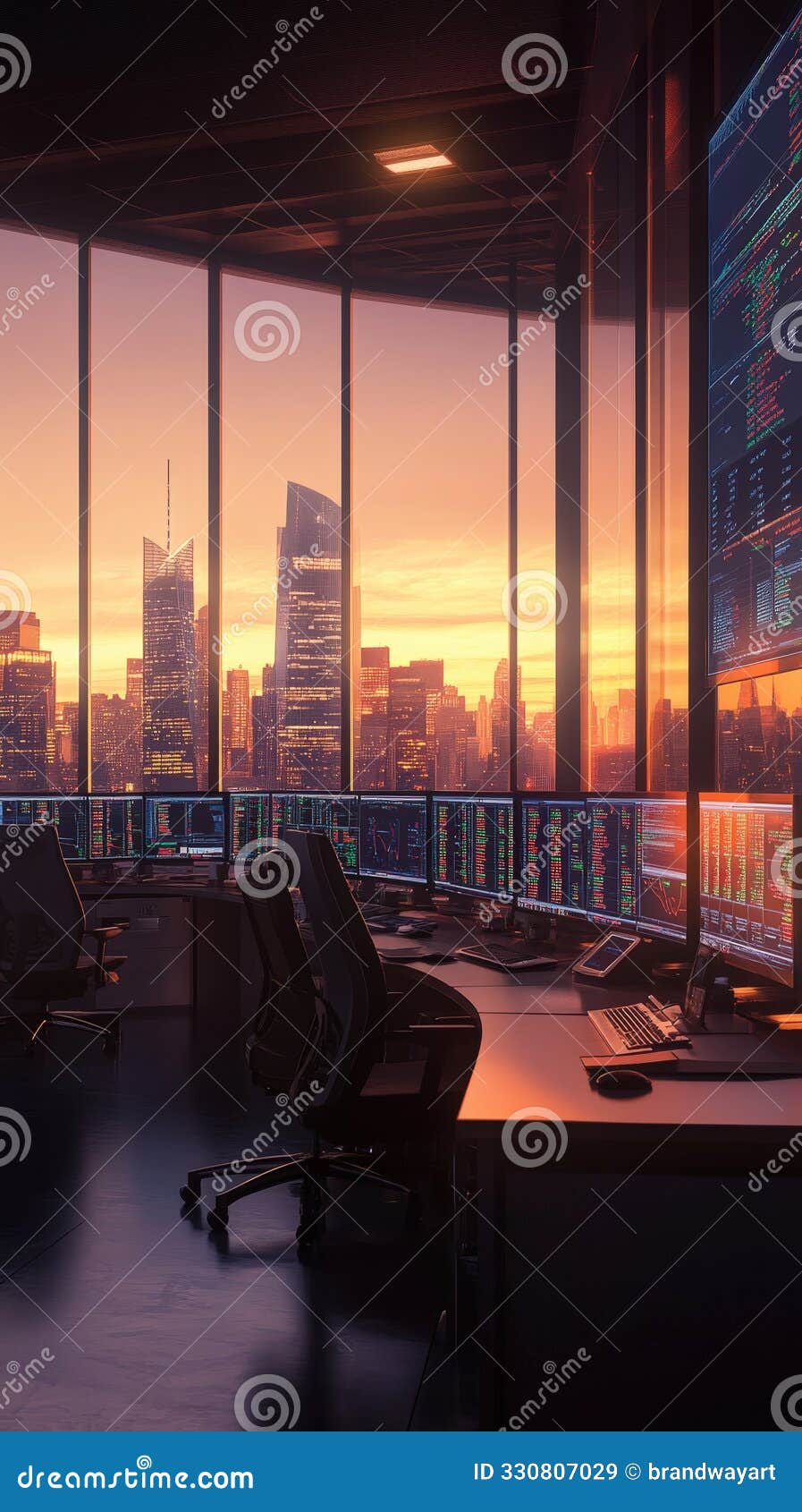 High-tech Trading Office with City Skyline at Sunset Stock Illustration ...