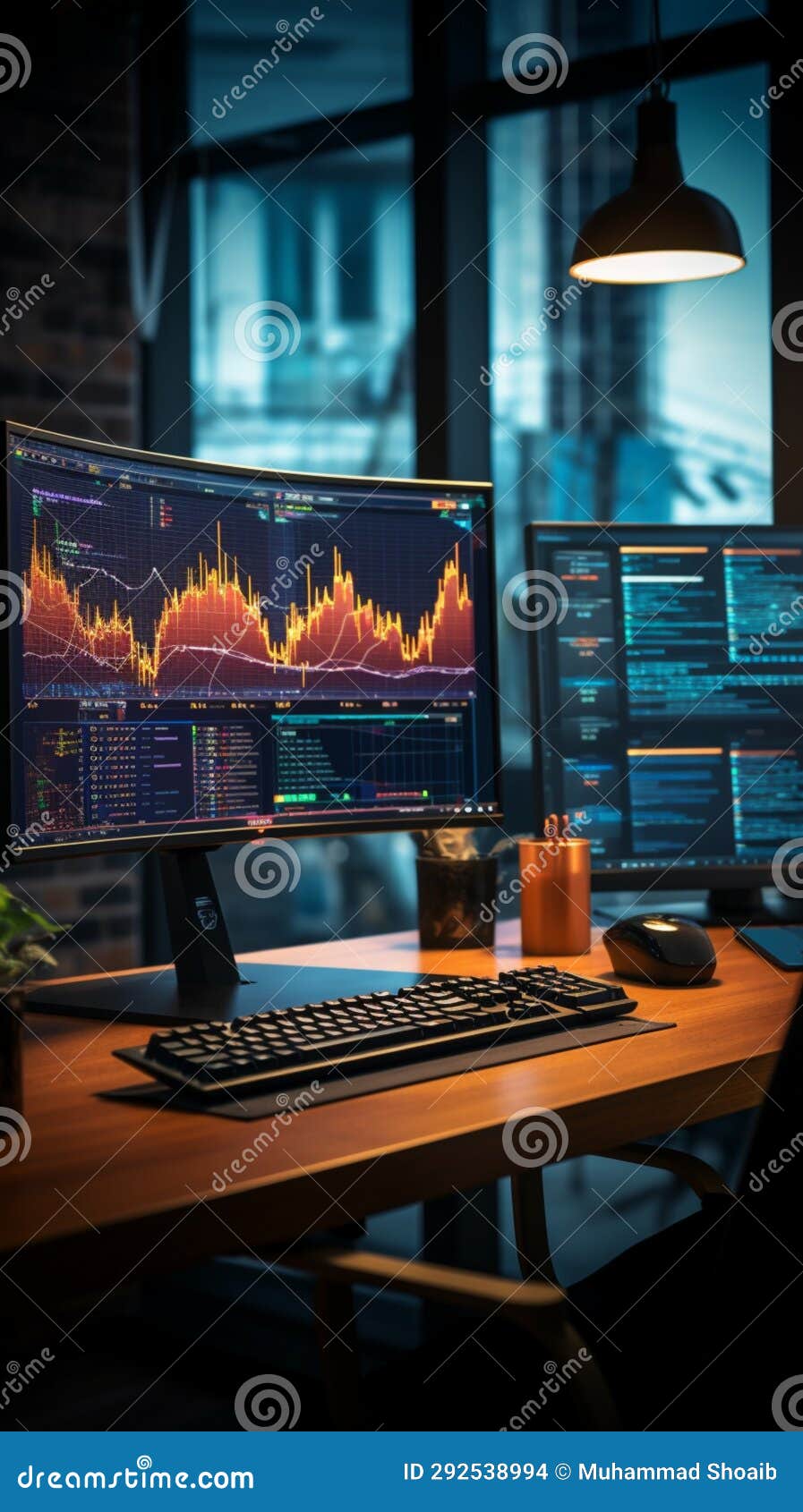 Traders Workspace Includes Glass Walled Office, Computer, Charts, and ...