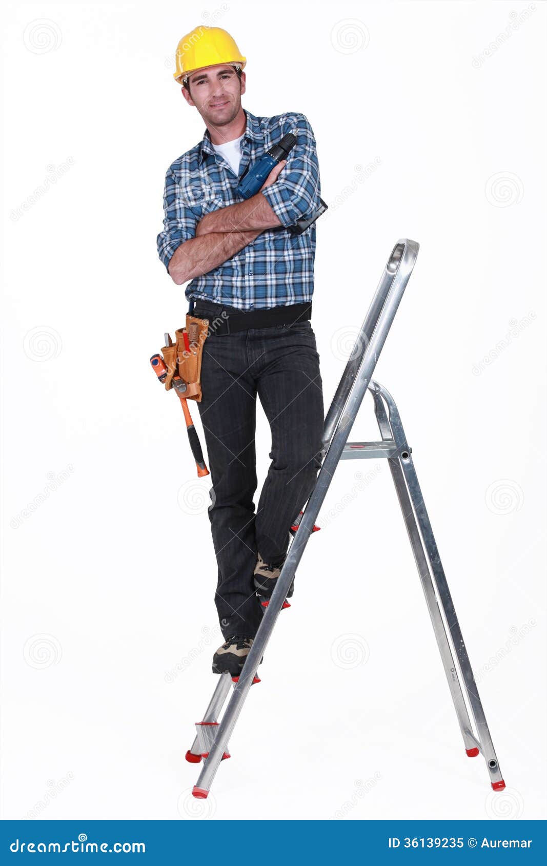 Tradesman Standing on a Stepladder Stock Image - Image of drill, arms ...