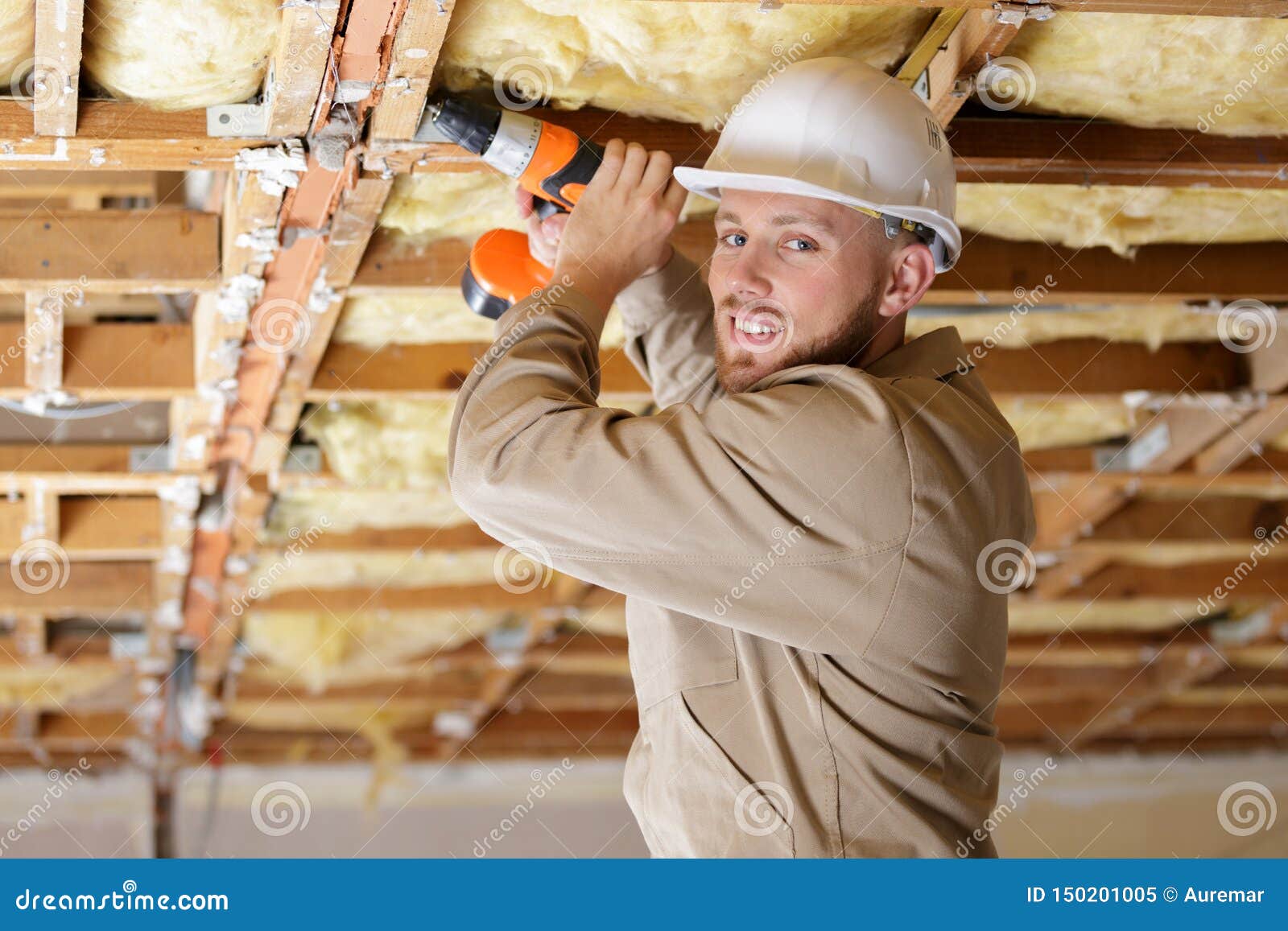Tradesman Using Drill on Wooden Framework Ceiling Stock Image - Image ...