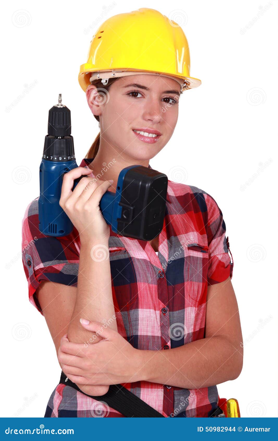 Tradeswoman Holding a Power Tool Stock Photo - Image of duperie, shirt ...
