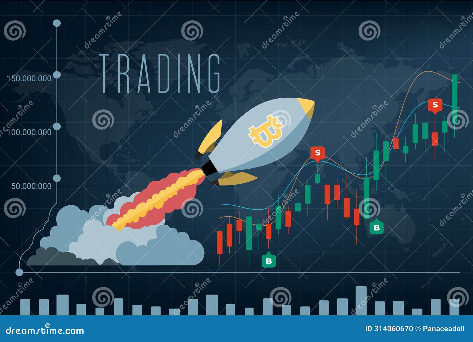 Trading Chart with Rocket and Growth Chart Stock Vector - Illustration ...