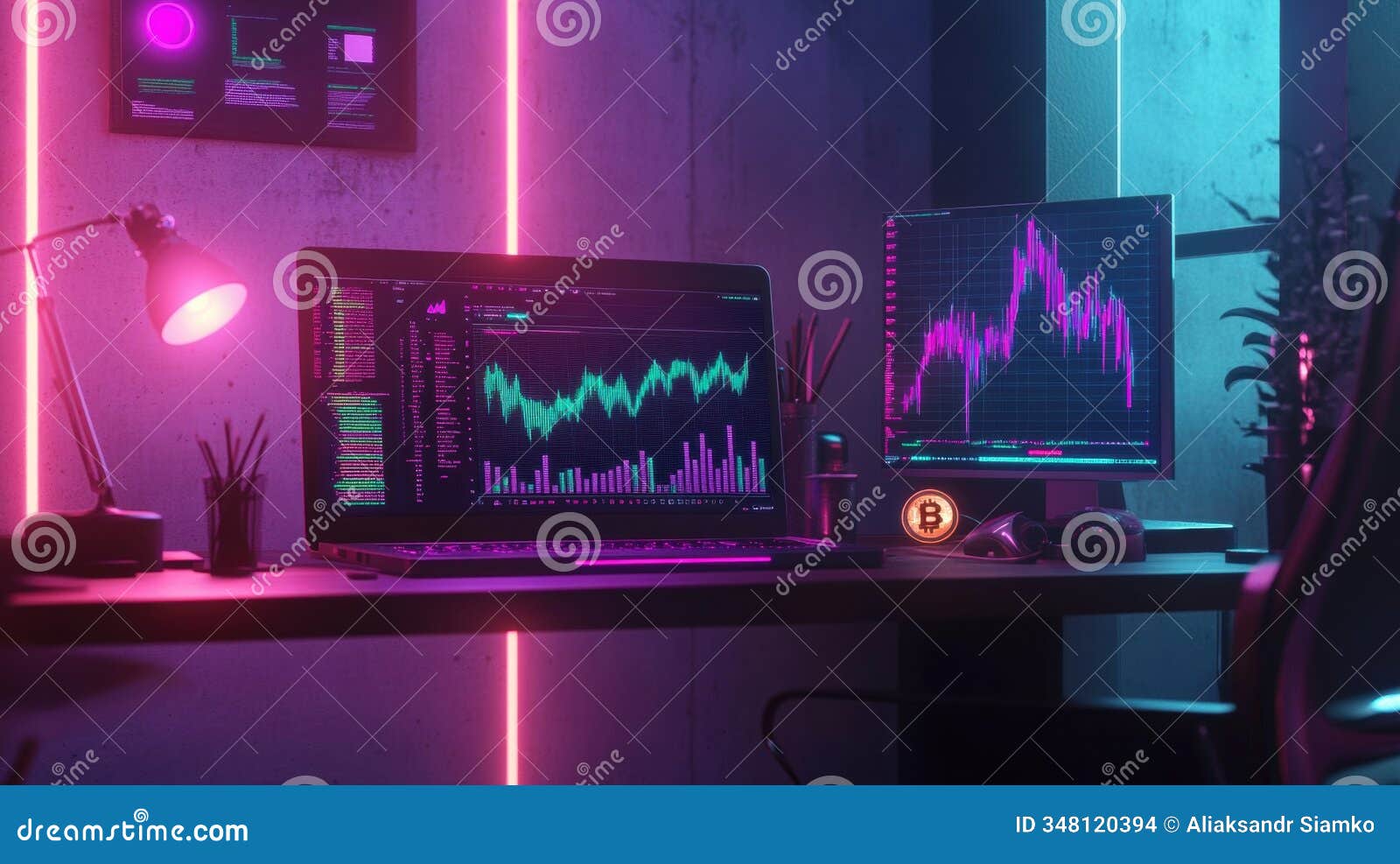 Trading Desk with Glowing Laptop Screen Showing Cryptocurrency Graphs ...