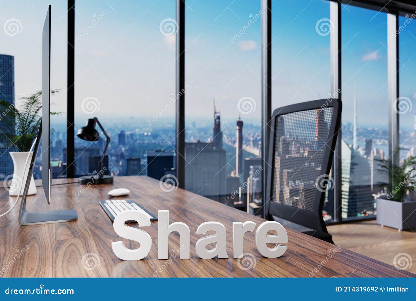 Trading; Office Chair in Front of Modern Workspace with Computer and ...