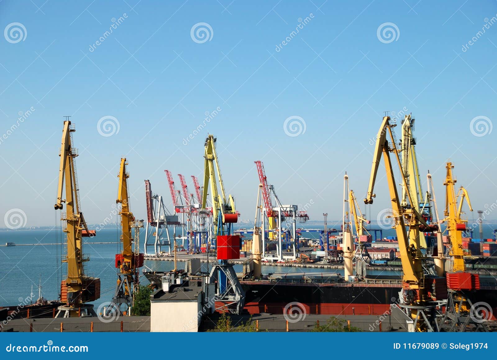 The Trading Seaport with Cranes, Cargoes and Ship Stock Image - Image ...