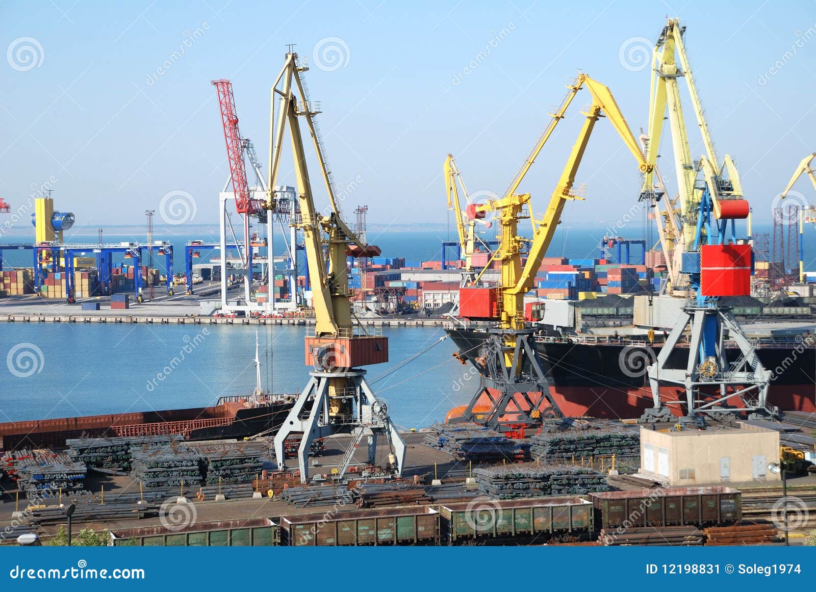 The Trading Seaport with Cranes, Cargoes and Ship Stock Image - Image ...