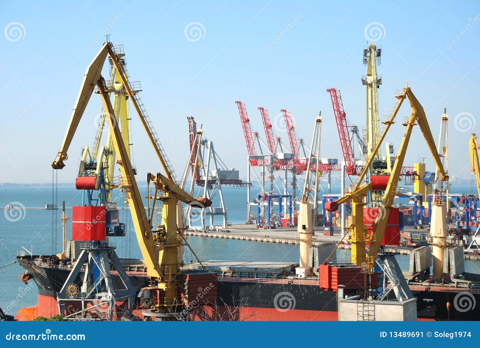 The Trading Seaport with Cranes, Cargoes and Ship Stock Image - Image ...