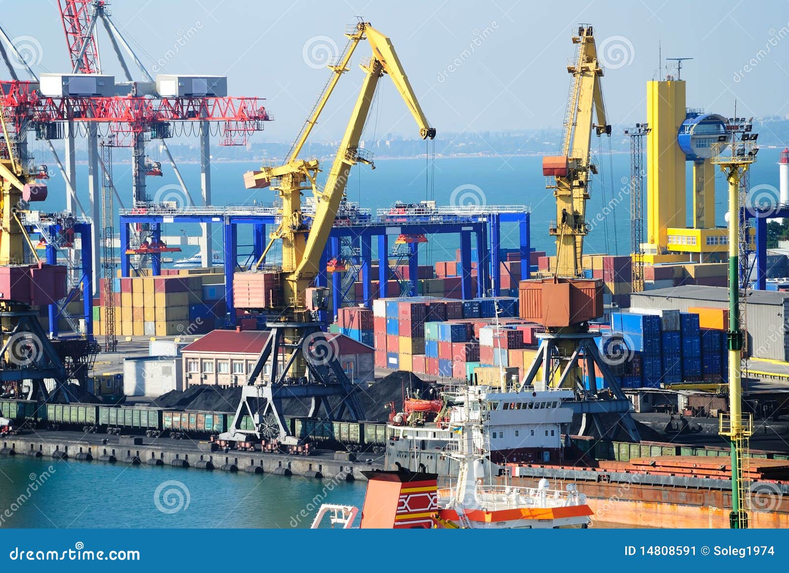 The Trading Seaport with Cranes, Cargoes and Ship Stock Image - Image ...
