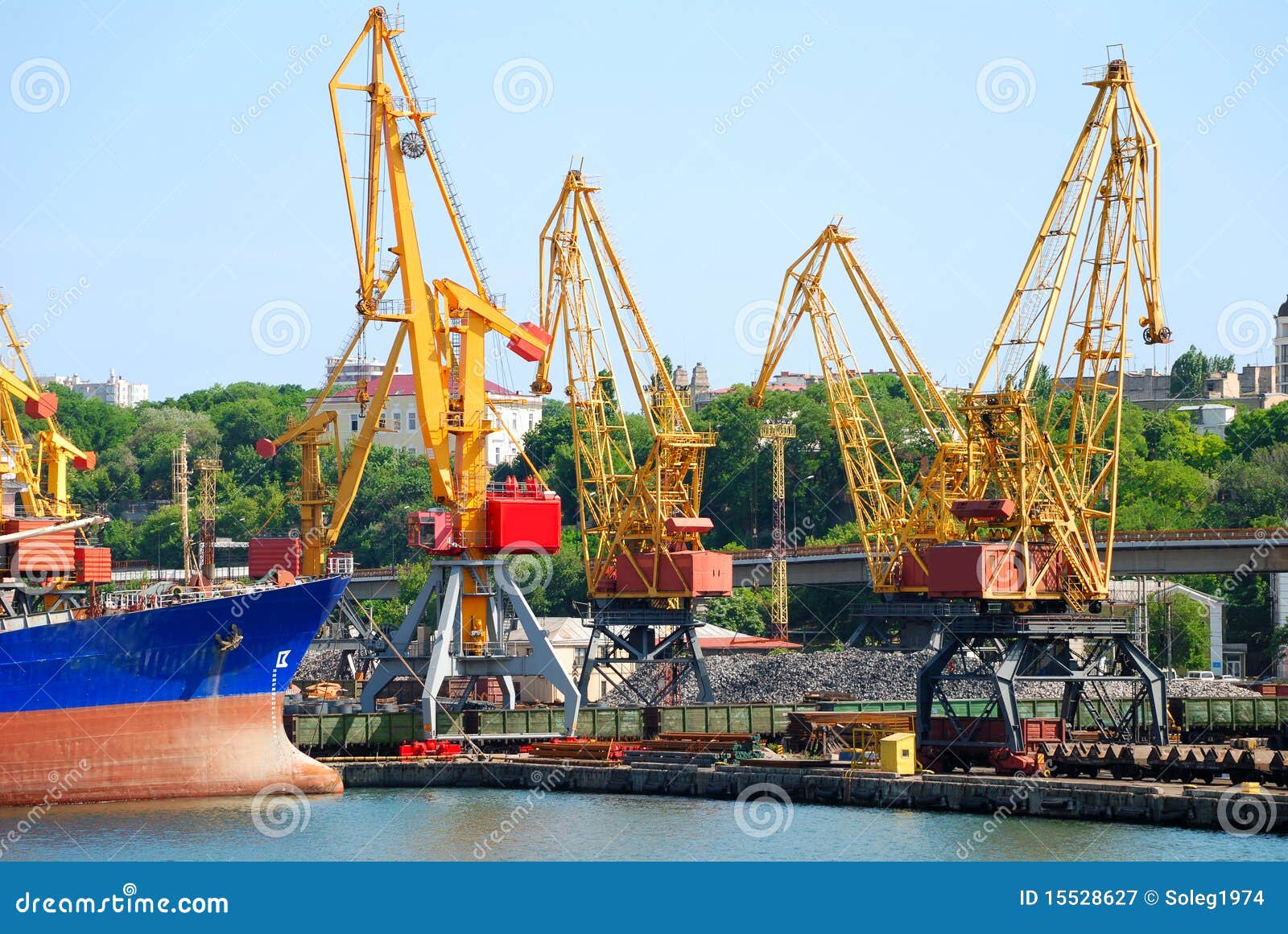 The Trading Seaport with Cranes, Cargoes and Ship Stock Image - Image ...