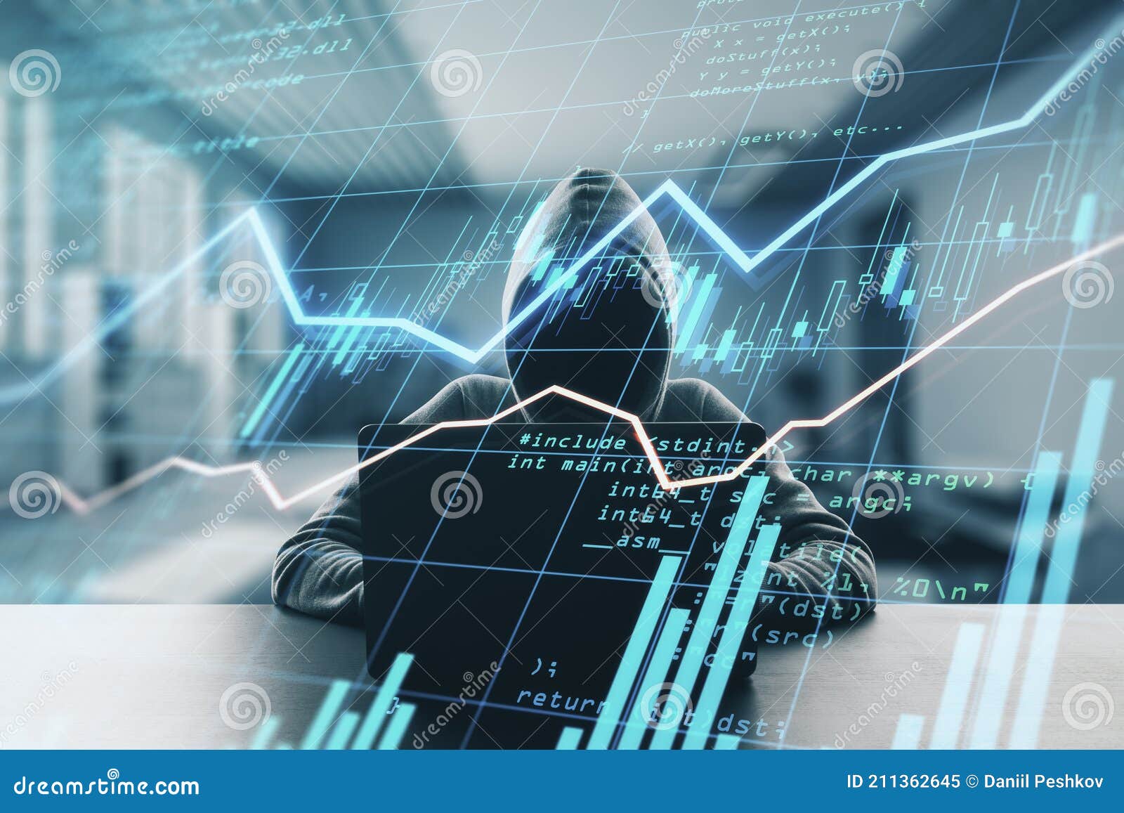 Trading Security and Spying Concept with Noface Hacker Using Laptop an ...