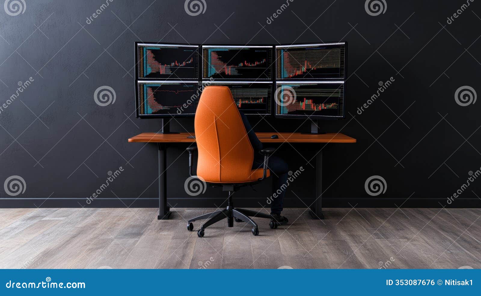 Trading Setup with Multiple Monitors and an Ergonomic Chair on Wooden ...