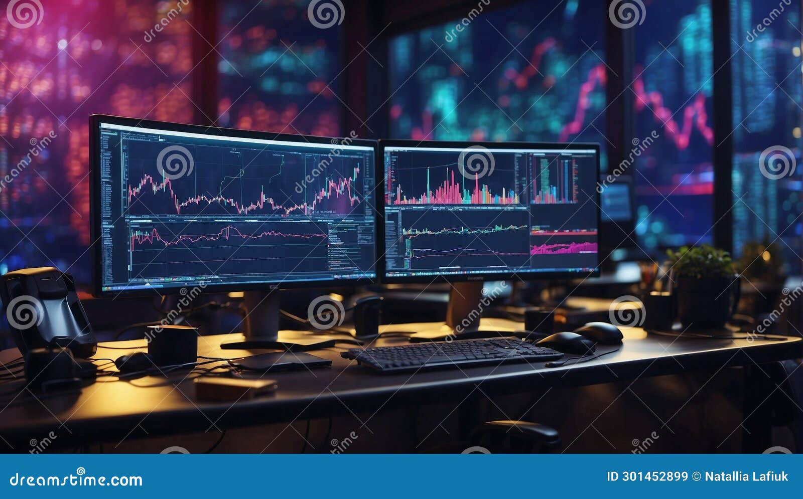 Trading Workplace with Computer Monitors with Abstract Financial Charts ...