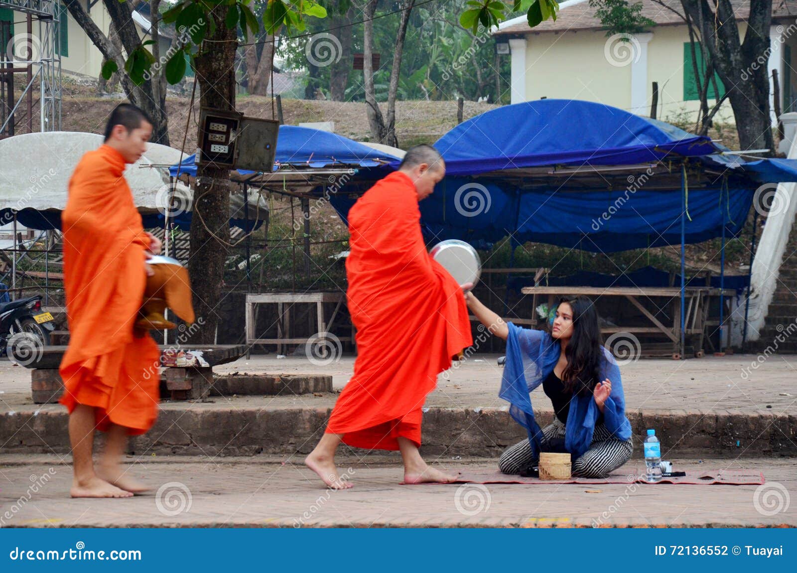 Tradition Of Almsgiving With Sticky Rice By Monks Procession Walk