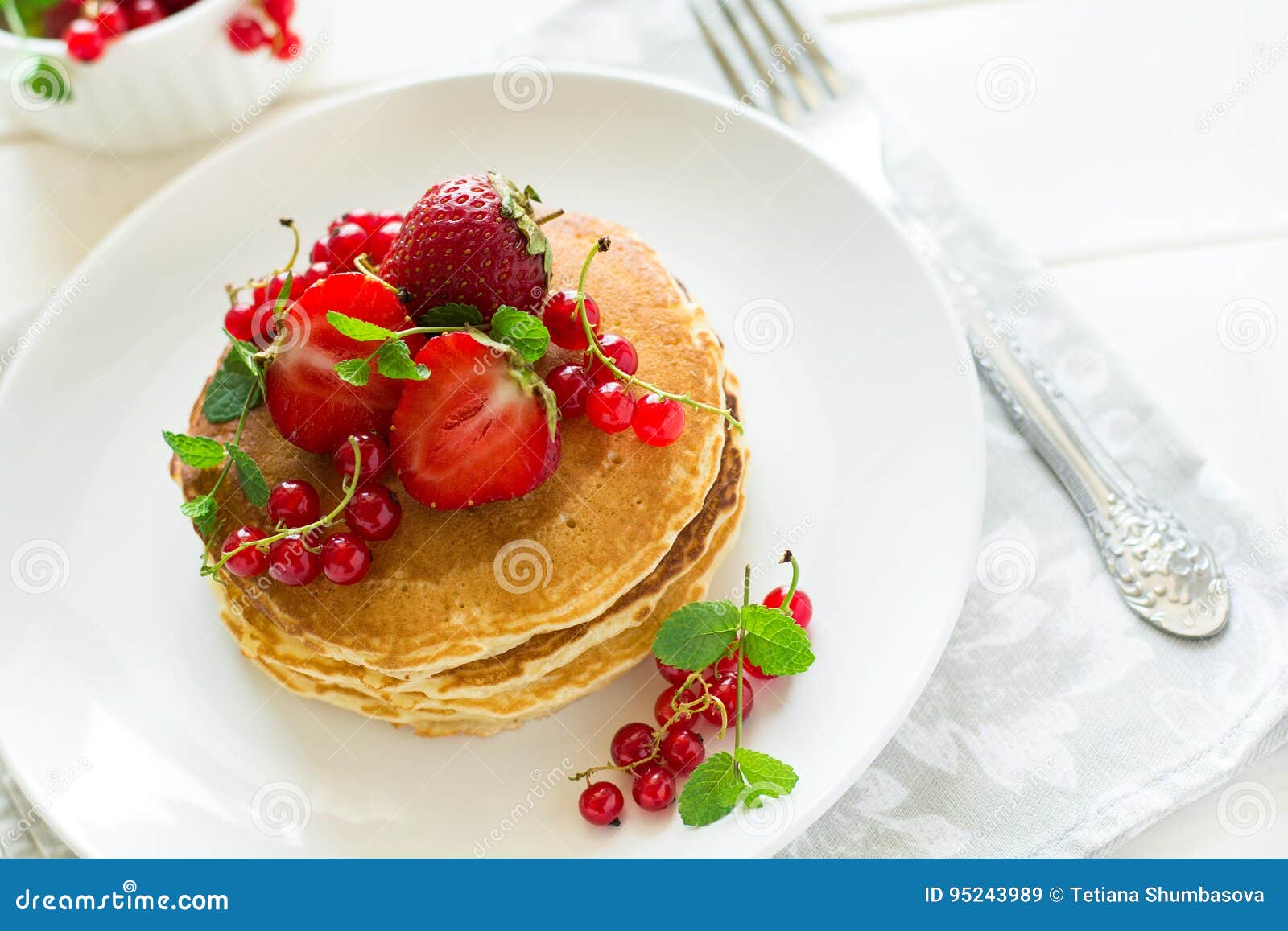 Tradition Breakfast: Stack of Pancakes with Berries Decorated Mint ...