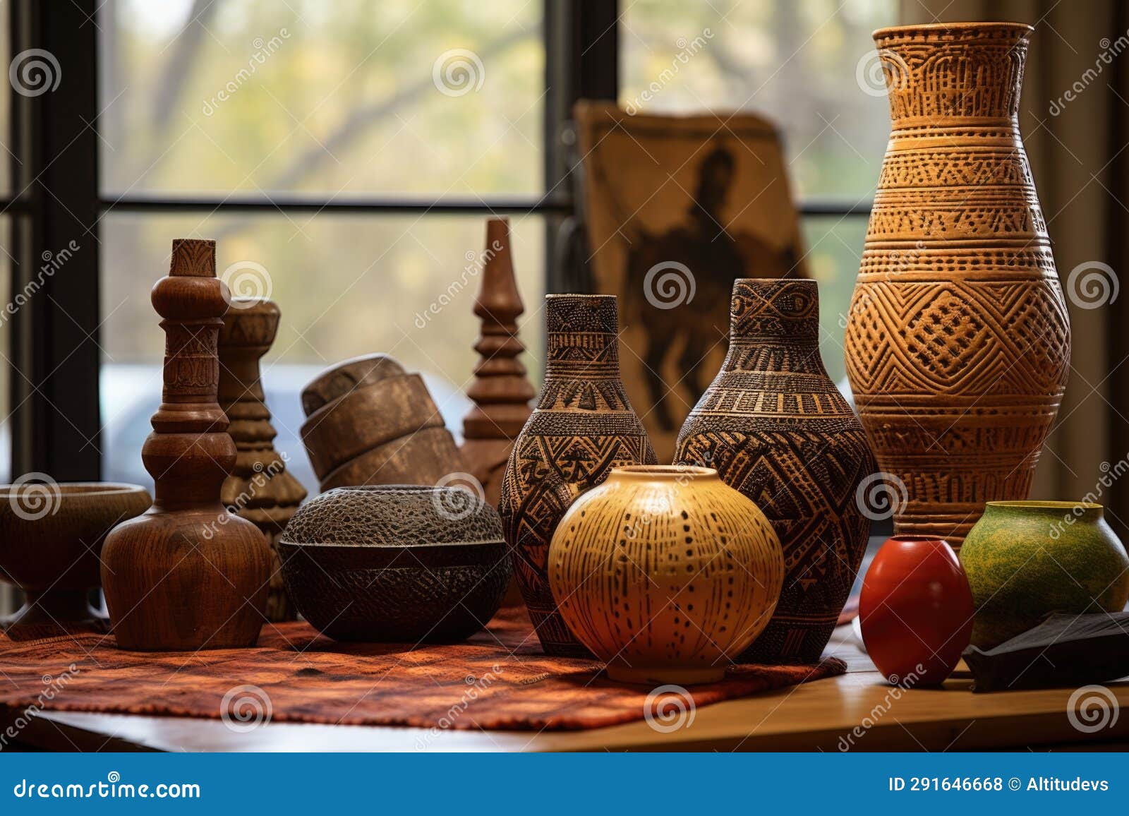 Traditional African Artifacts Set on a Side Table Stock Photo - Image ...