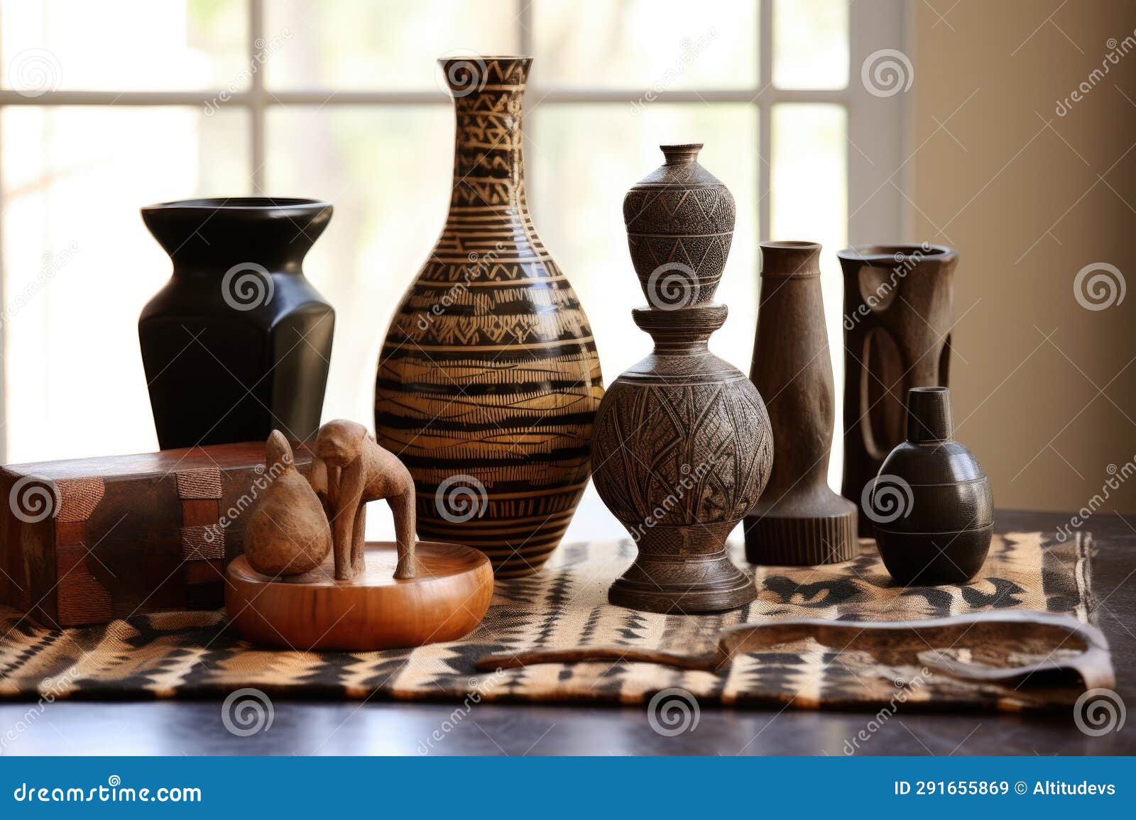 Traditional African Artifacts Set on a Side Table Stock Image - Image ...