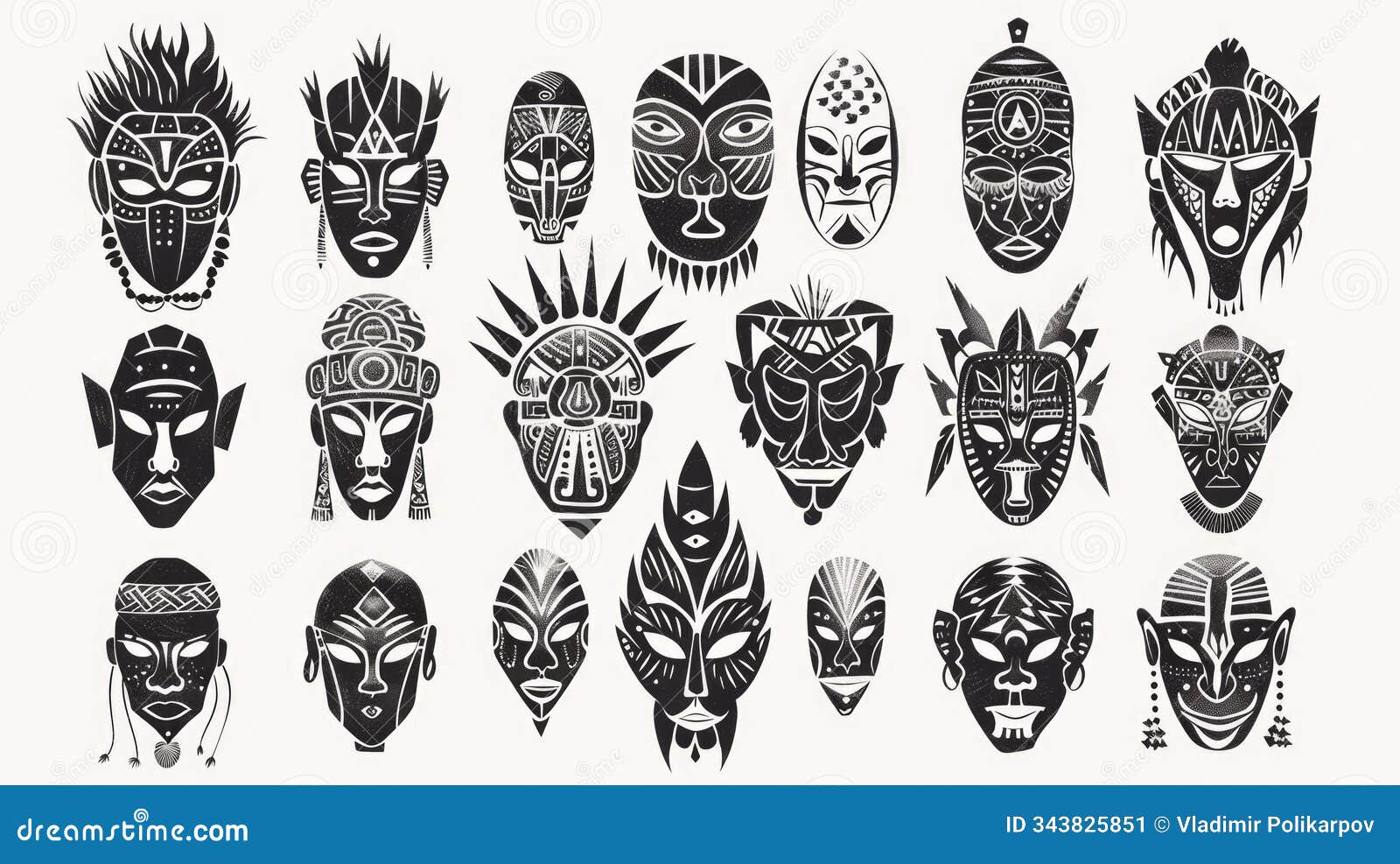 Traditional African Masks Depicted on a Plain White Surface Stock Image ...