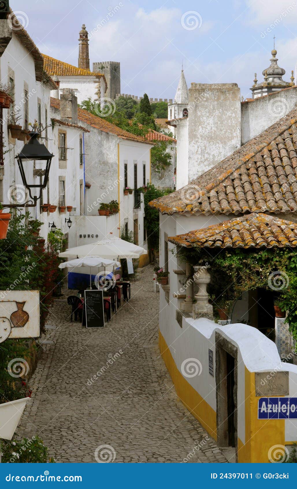Typical Obidos Medieval Alley - Restaurant Terrace Stock Image - Image ...