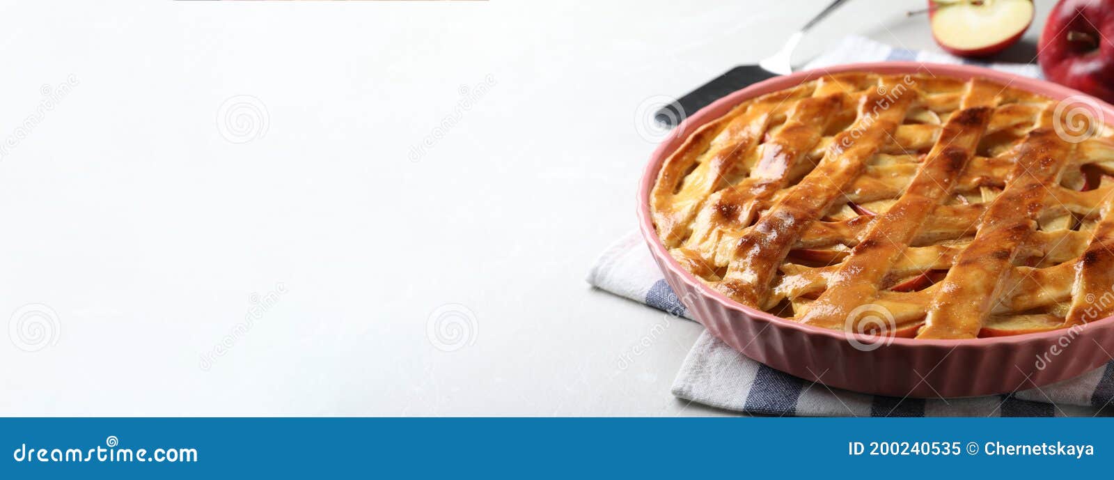 Traditional Apple Pie on Light Table, Space for Text. Banner Design ...