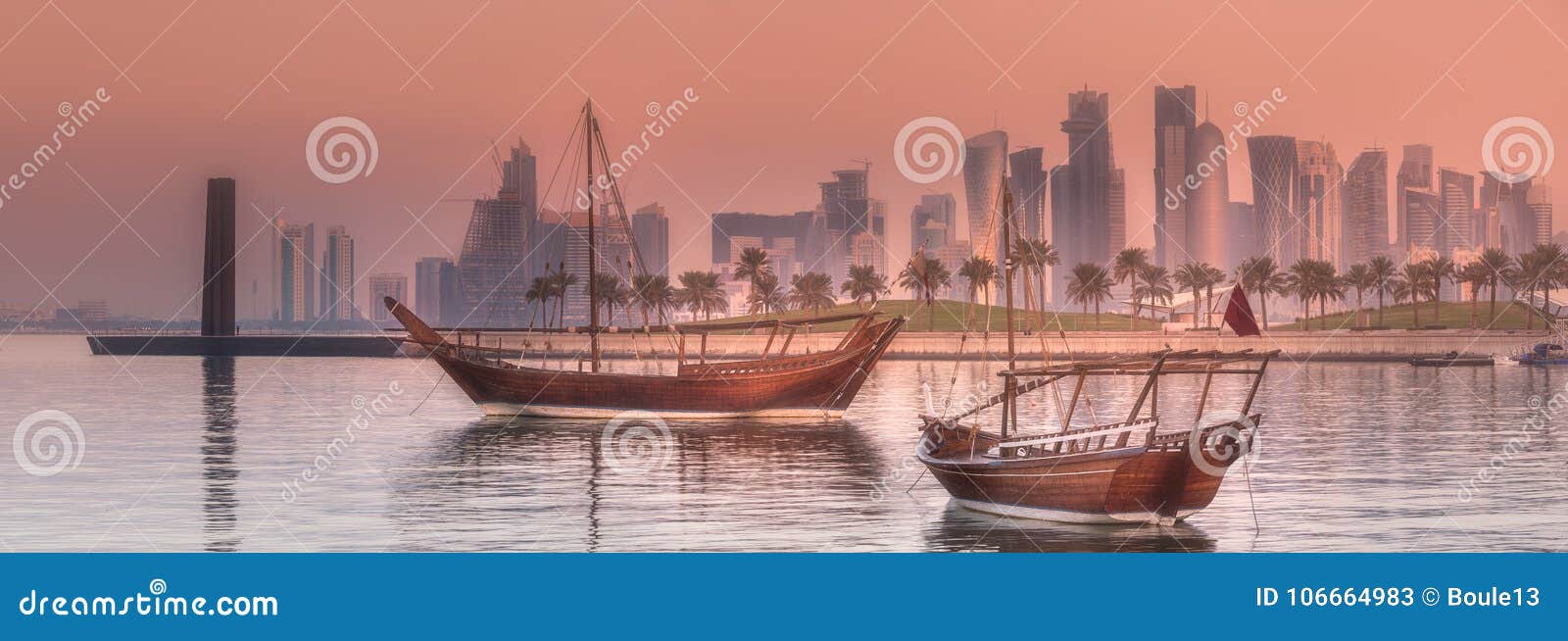Traditional Arabic Dhow Boats in Doha Harbour, Qatar Stock Image ...