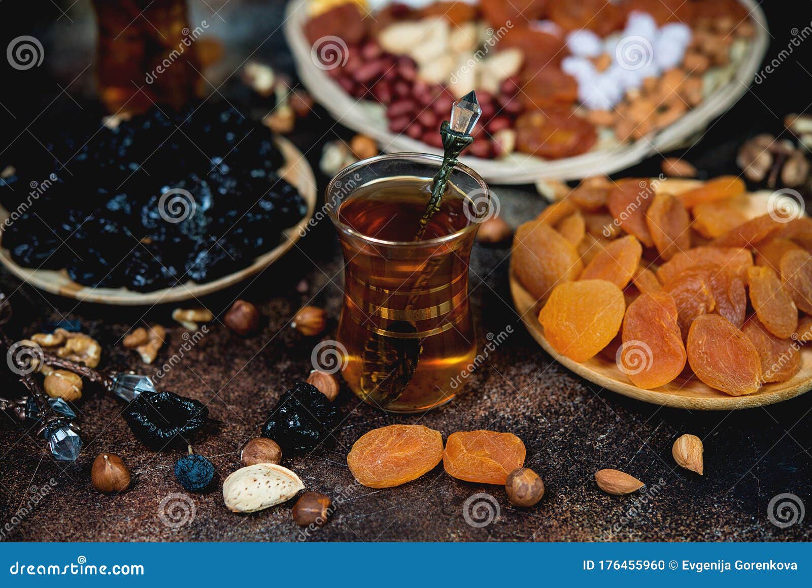 Traditional Arabic Tea with Dried Fruits , Nuts and Tea Stock Photo ...
