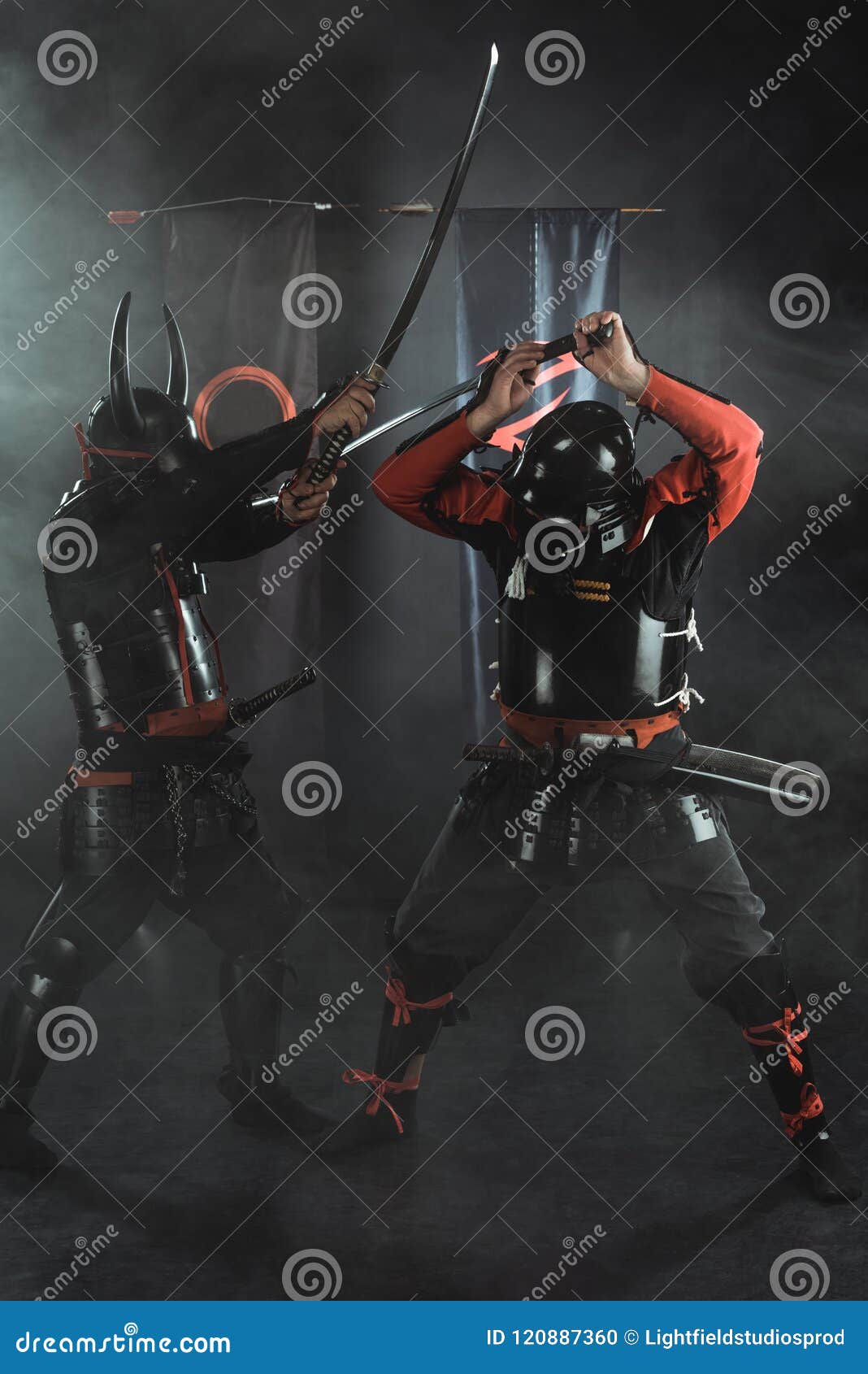 Traditional Armored Samurai Fighting with Swords Stock Photo - Image of ...