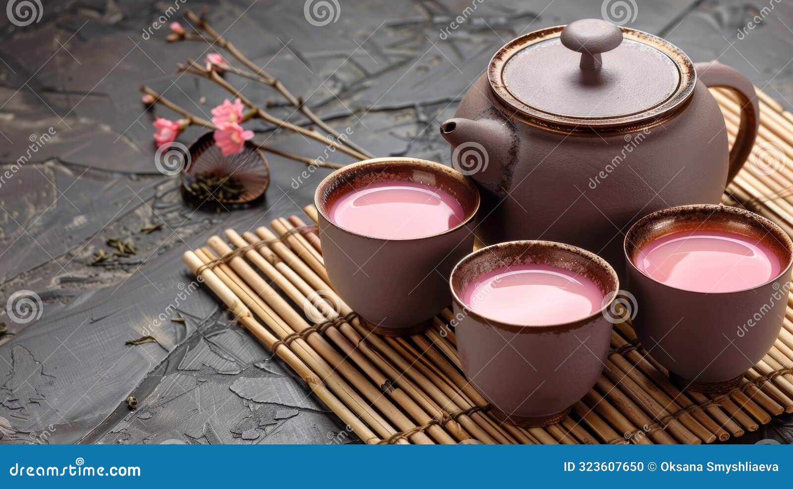 Traditional Asian Tea Set with Pink Tea on Bamboo Mat Stock Photo ...
