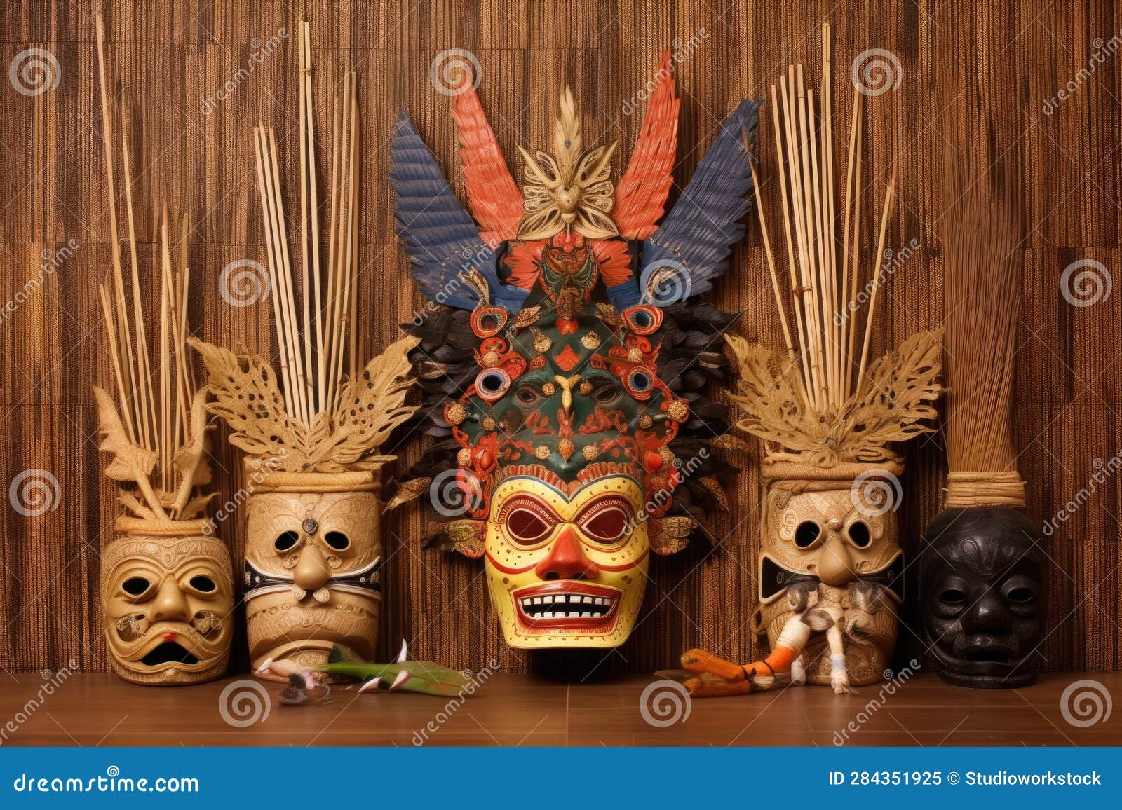 Traditional Balinese Mask Set on a Bamboo Mat Stock Illustration ...