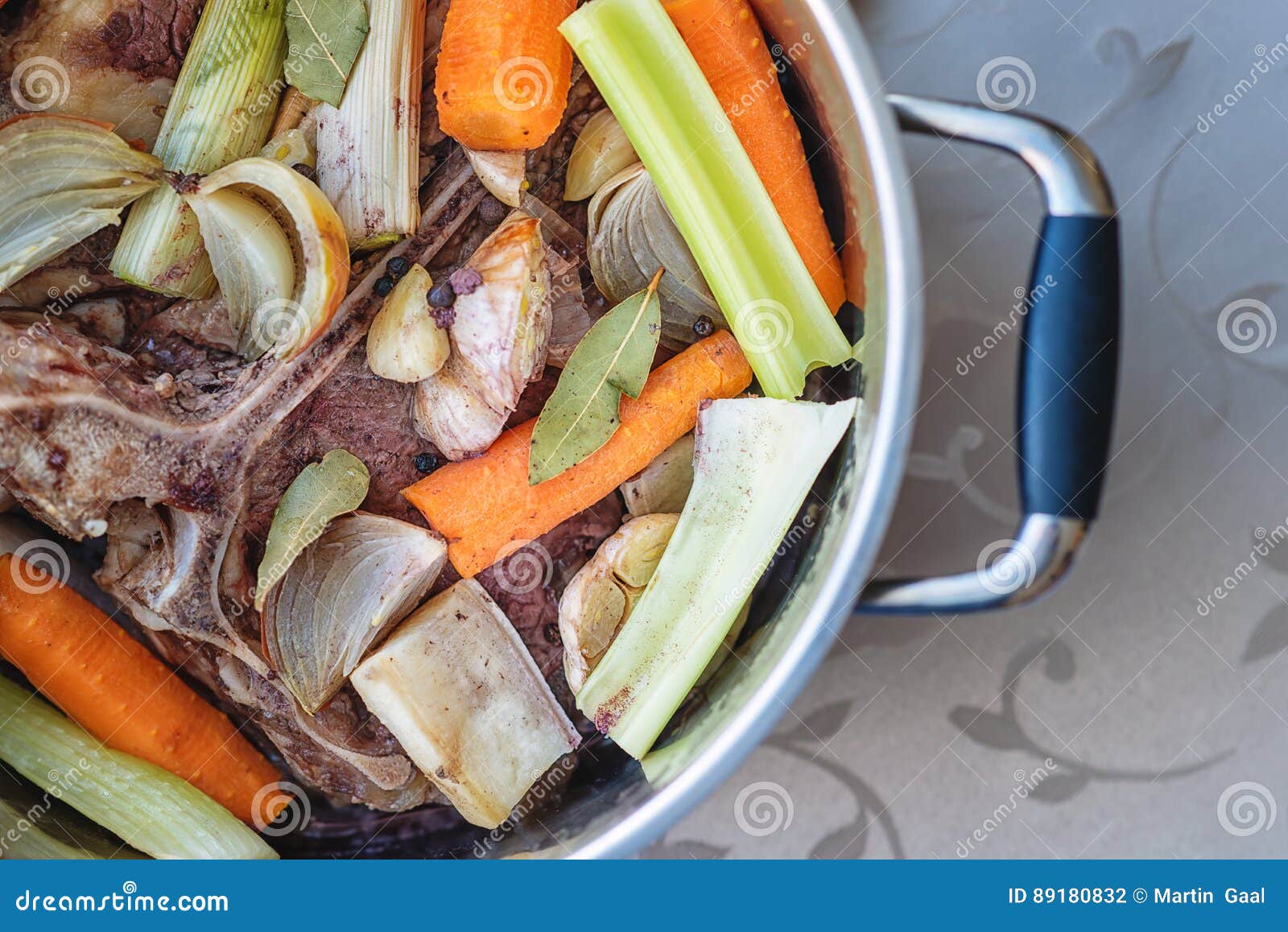 Traditional Beef Broth With Vegetable, Bones And Ingredients In Pot ...