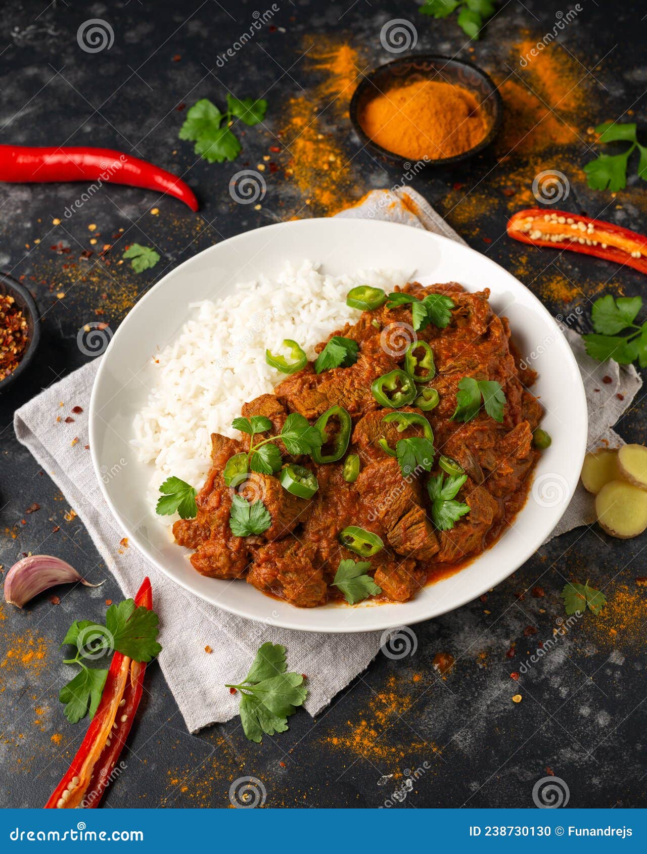 Traditional Beef Curry with Rice and Spicy Stock Photo - Image of brown ...