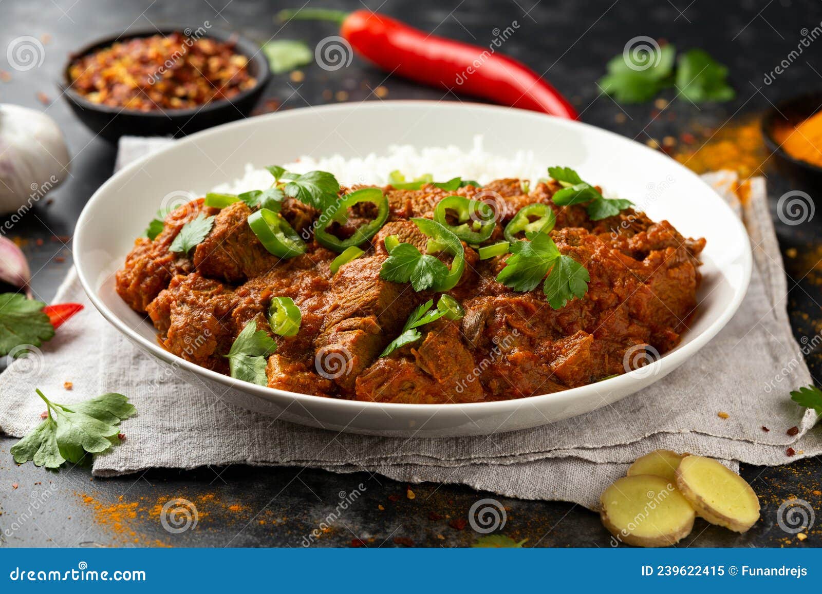 Traditional Beef Curry with Rice and Spicy Stock Image - Image of rice ...
