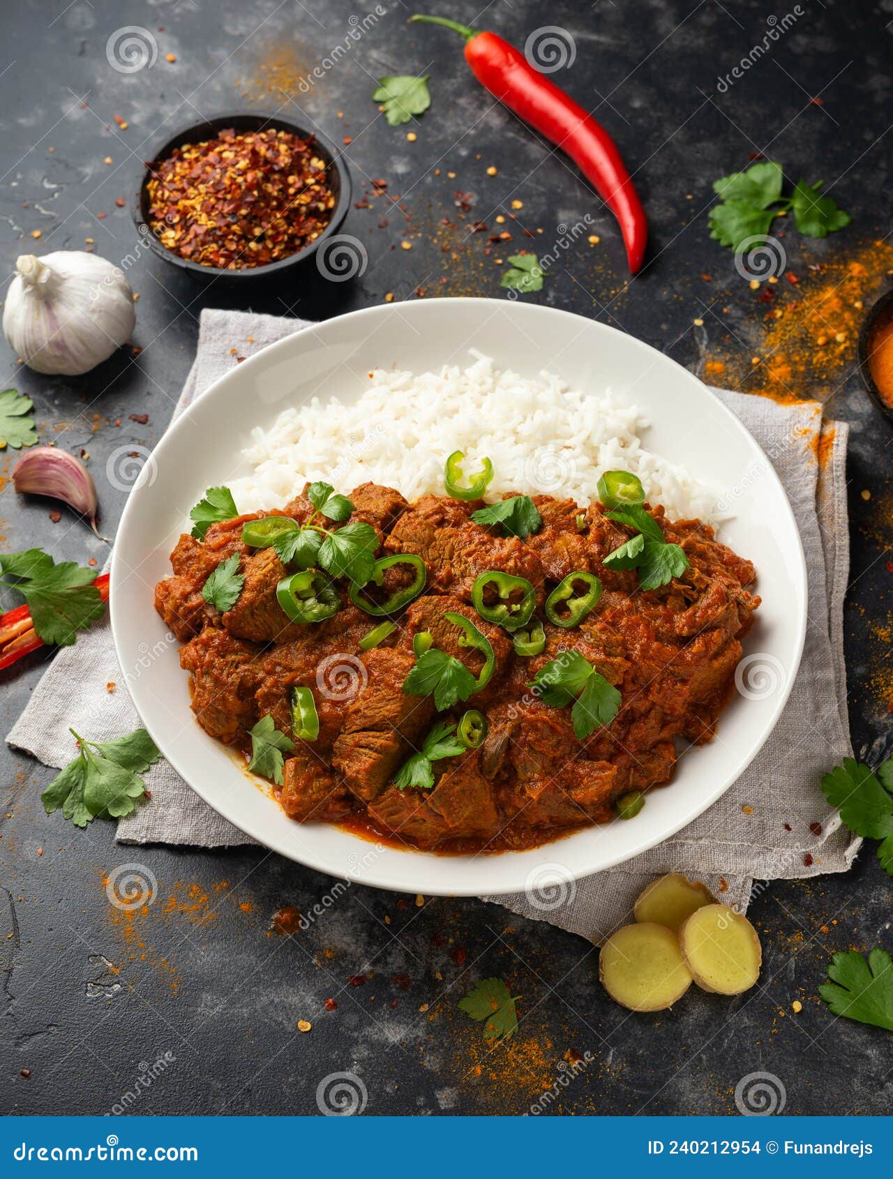 Traditional Beef Curry with Rice and Spicy Stock Photo - Image of asian ...