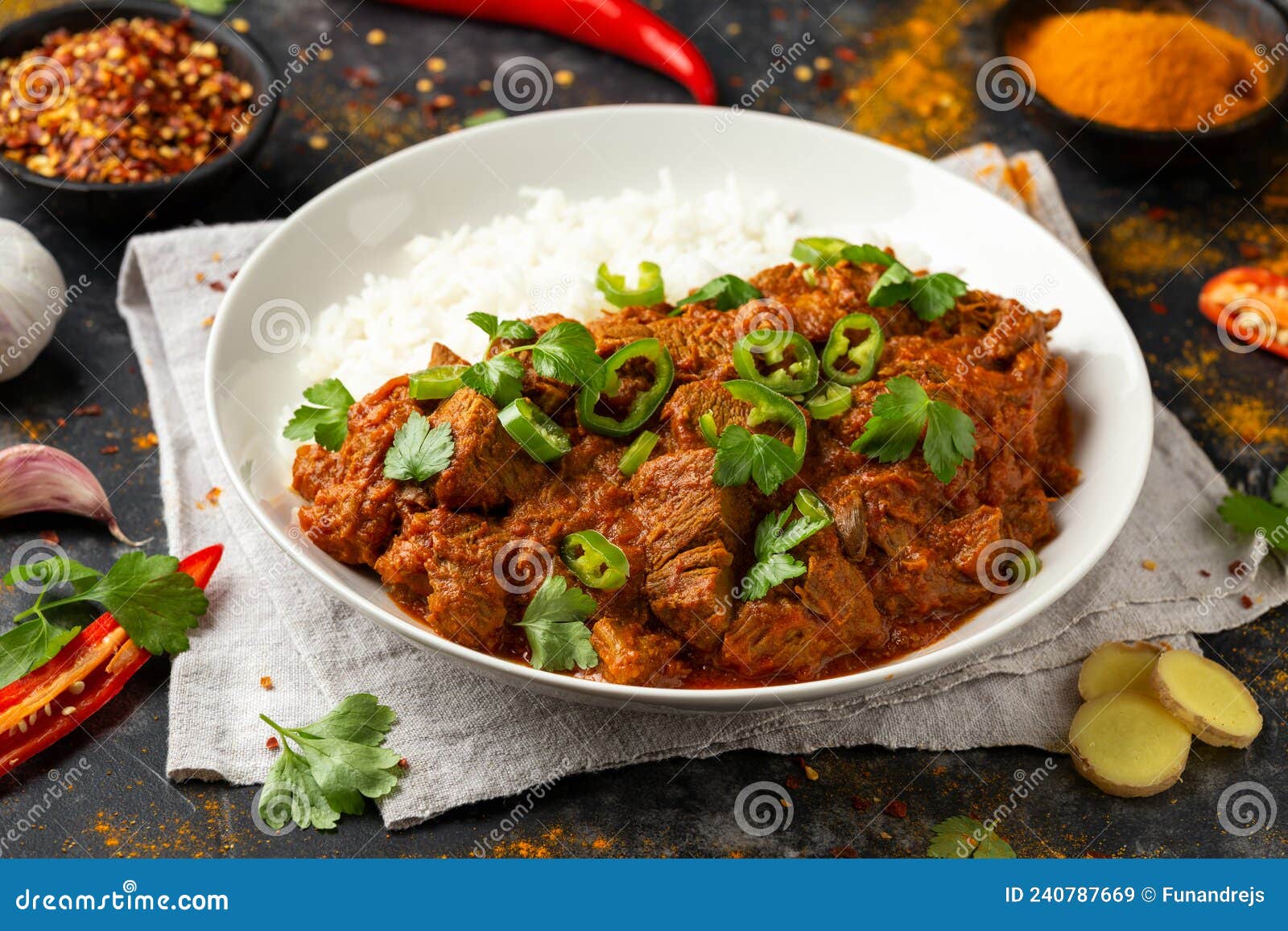Traditional Beef Curry with Rice and Spicy Stock Image - Image of white ...