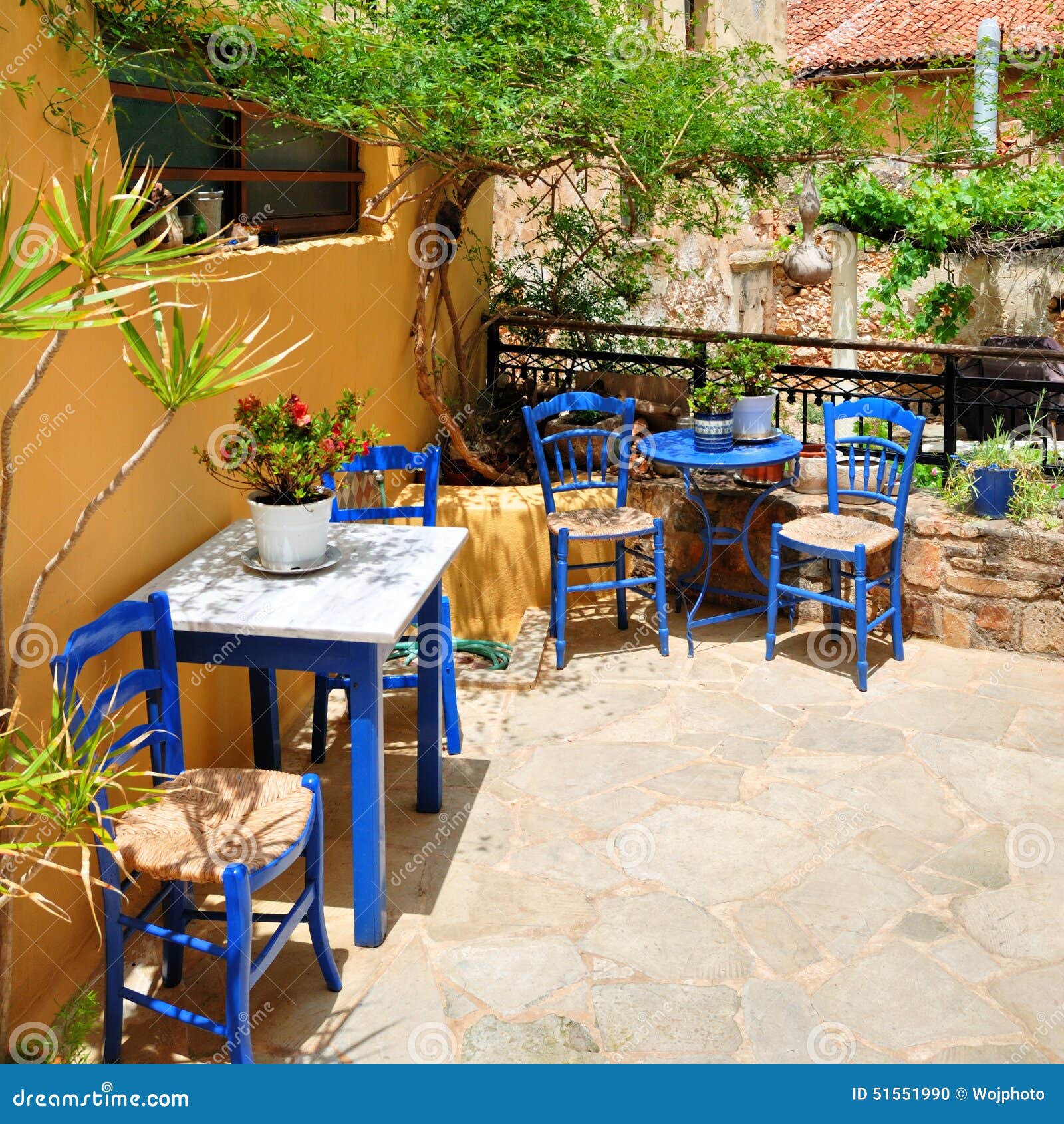 Traditional Blue Greek Chairs and Tables Stock Photo - Image of ...