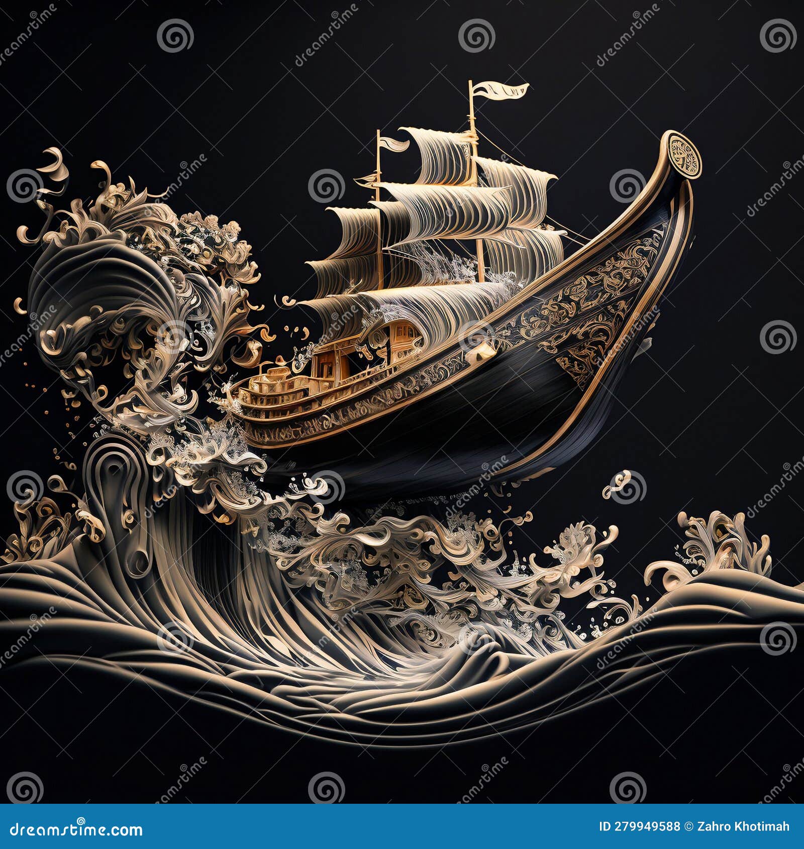 Traditional Boat Battle with Waves Stock Illustration - Illustration of ...