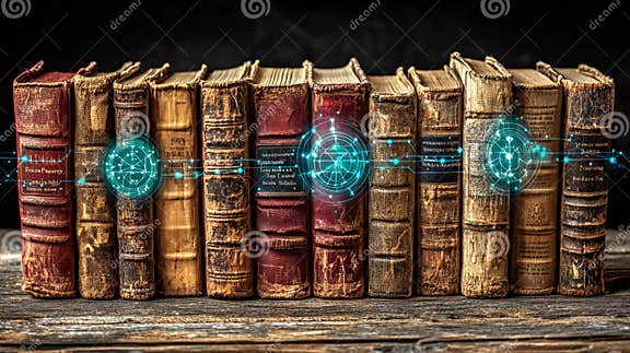 Traditional Books Lined Up with Digital Elements, Showcasing Blend of ...