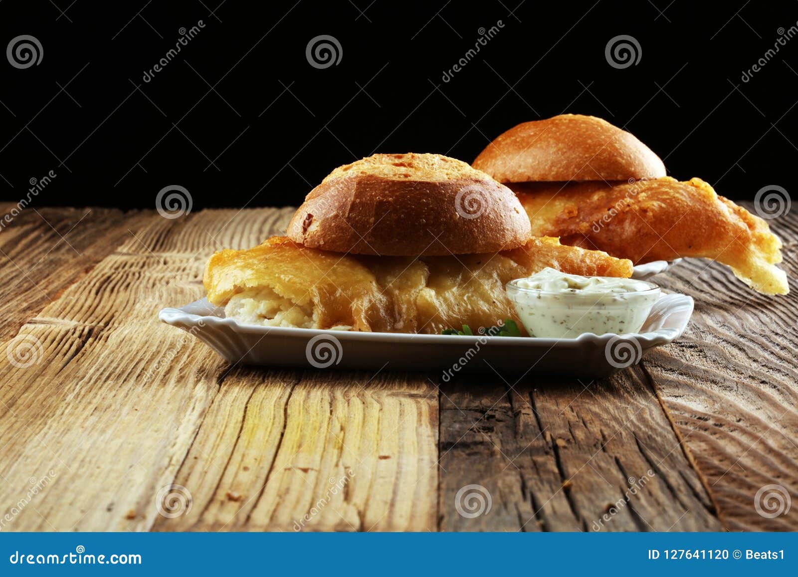Traditional British Fish and Bread Bun Consisting of Fried Fish Stock ...