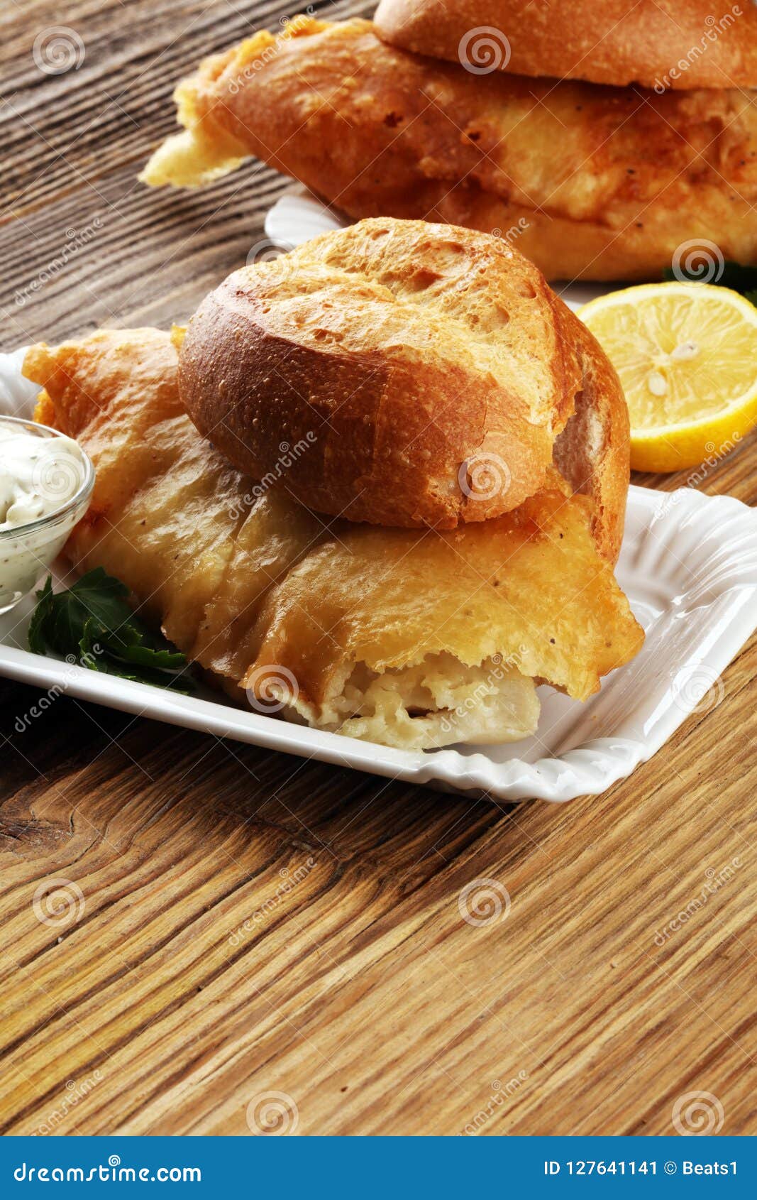 Traditional British Fish and Bread Bun Consisting of Fried Fish Stock ...