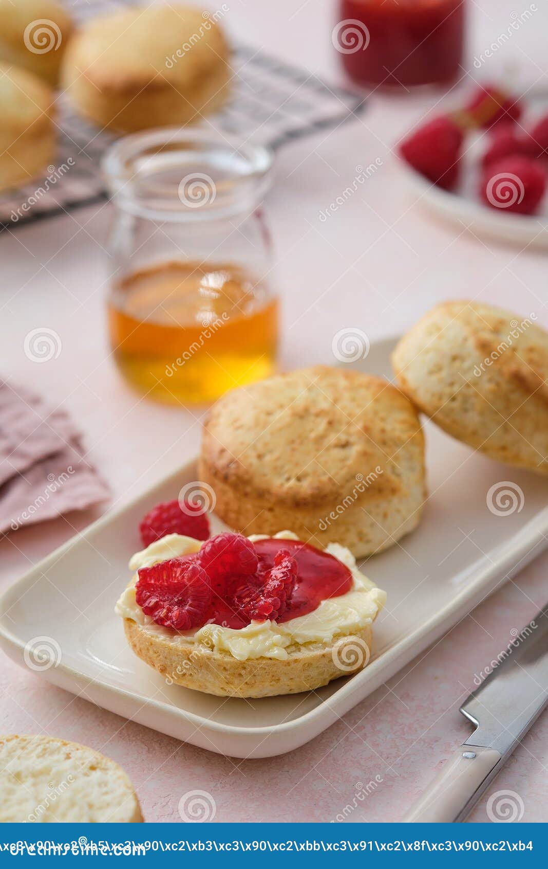 Traditional British Scones with Clotted Cream, Raspberry Jam. Scones ...