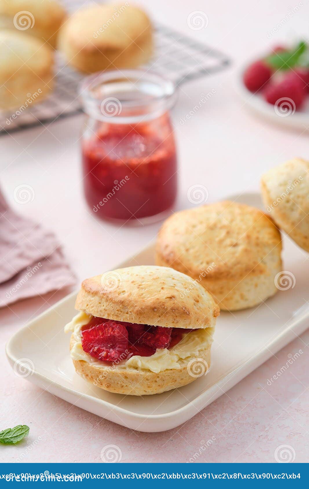 Traditional British Scones with Clotted Cream, Raspberry Jam. Scones ...
